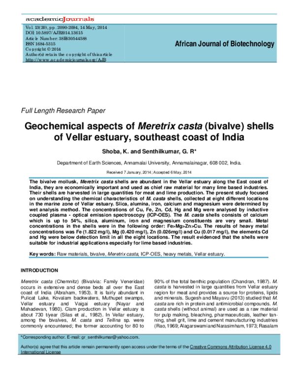 (PDF) Geochemical aspects of Meretrix casta (bivalve) shells of Vellar ...