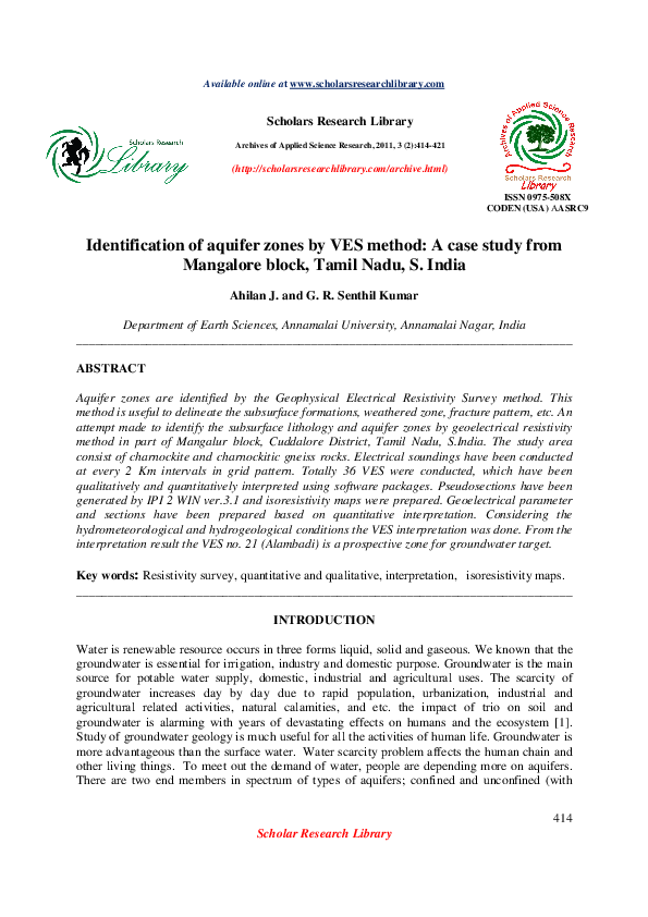 (PDF) Identification of aquifer zones by VES method: A case study from Mangalore block, Tamil ...