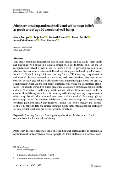 (PDF) Adolescent reading and math skills and self-concept beliefs as predictors of age 20 ...
