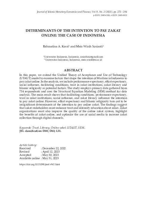 (PDF) Determinants of the Intention to Pay Zakat Online: The Case of Indonesia