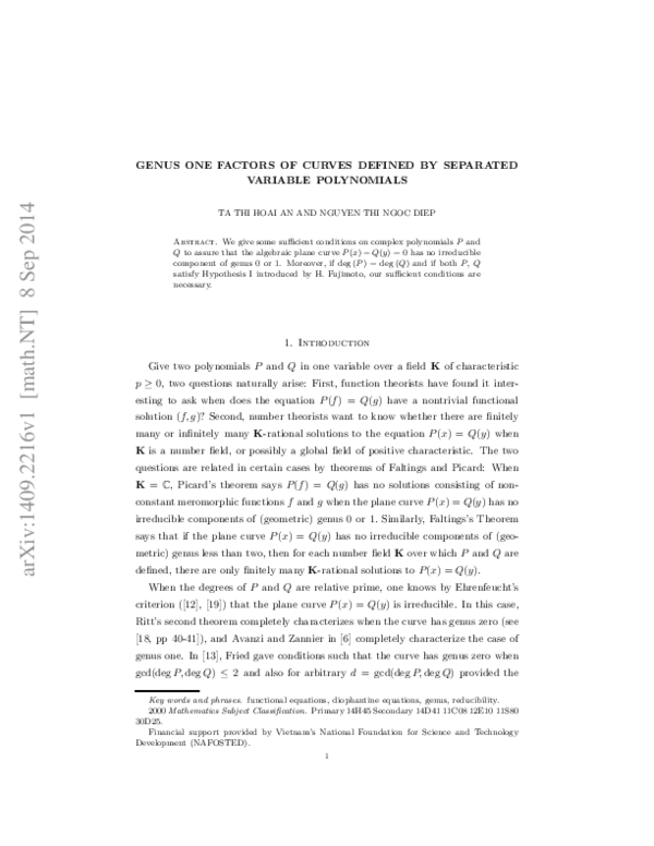 (PDF) Genus one factors of curves defined by separated variable polynomials