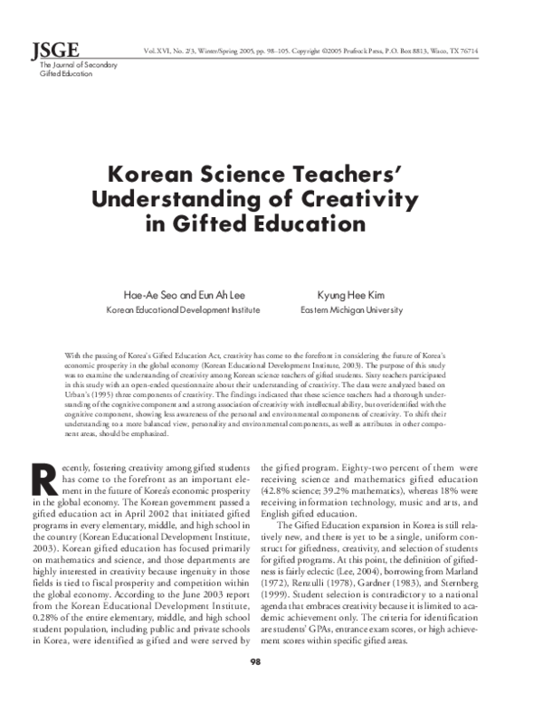(PDF) Korean Science Teachers’ Understanding of Creativity in Gifted ...