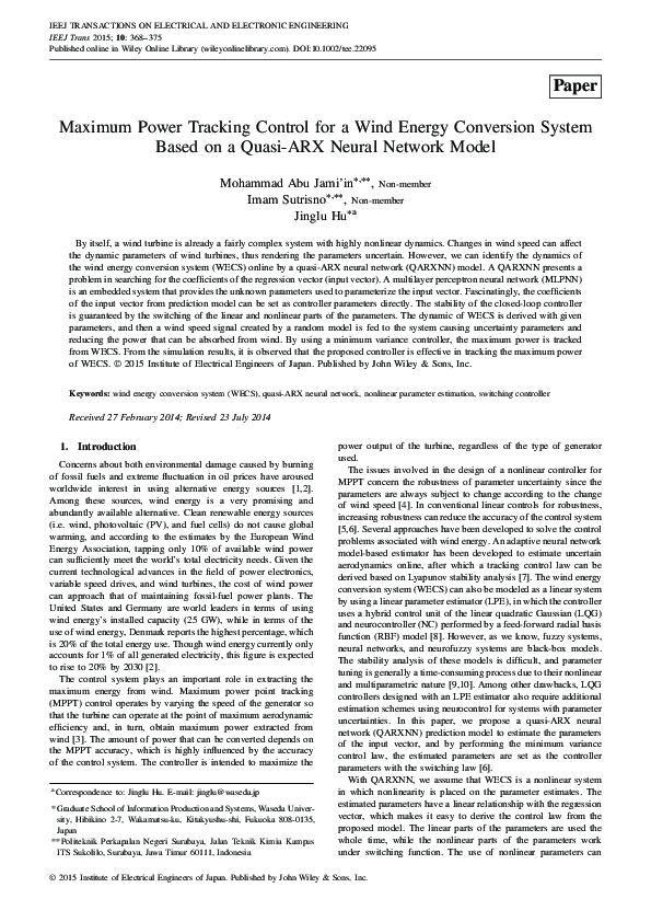 (PDF) Maximum power tracking control for a wind energy conversion system based on a quasi‐ARX ...