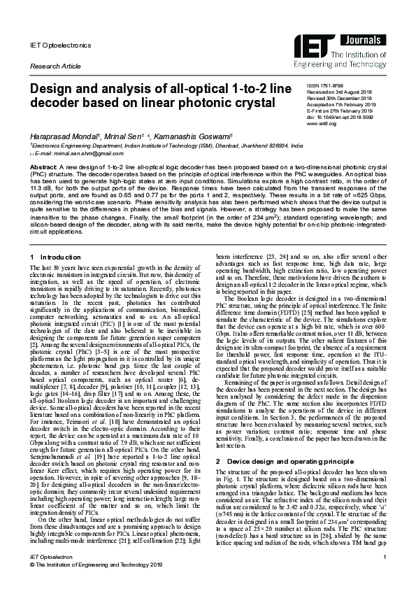 (PDF) Design and analysis of all‐optical 1‐to‐2 line decoder based on linear photonic crystal