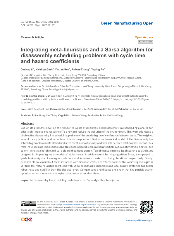 Pdf Integrating Meta Heuristics And A Sarsa Algorithm For Disassembly