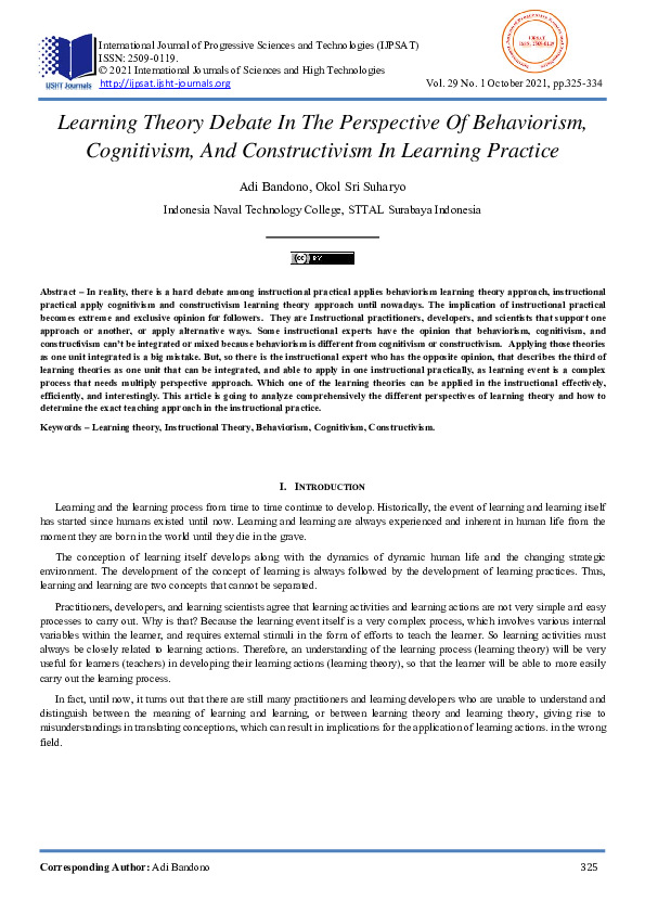 (PDF) Learning Theory Debate In The Perspective Of Behaviorism, Cognitivism, And Constructivism ...