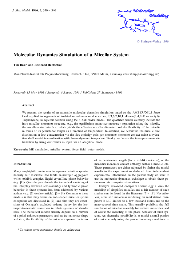 (PDF) Molecular Dynamics Simulation of a Micellar System | Tim Bast ...