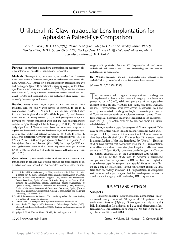 (PDF) Unilateral Iris-Claw Intraocular Lens Implantation for Aphakia