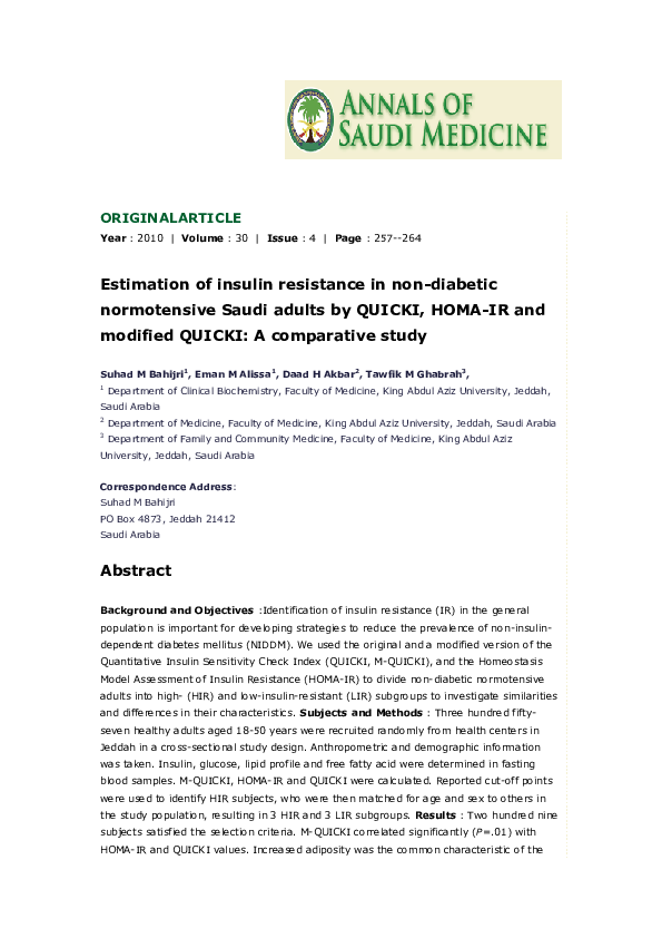 (PDF) Estimation of insulin resistance in non-diabetic normotensive ...