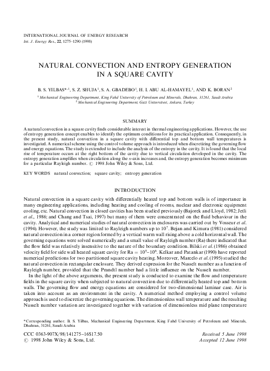 Pdf Natural Convection And Entropy Generation Inside A Square Chamber Divided By A Corrugated