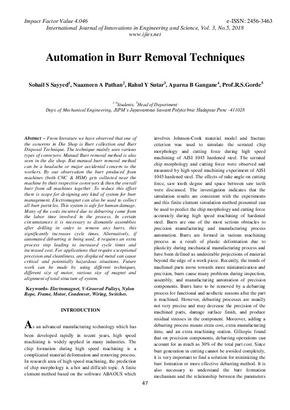 (PDF) Automation in Burr Removal Techniques | Aparna Gangane - Academia.edu