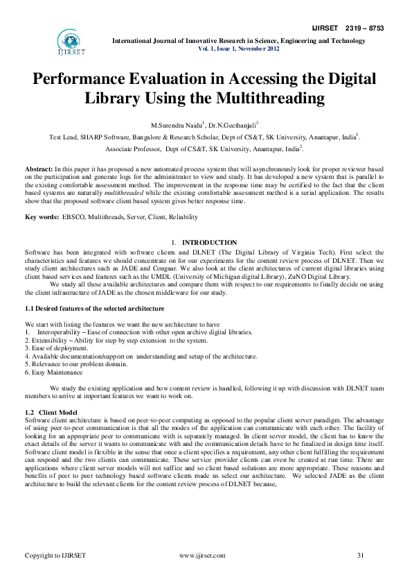 (PDF) Performance Evaluation in Accessing the DigitalLibrary Using the Multithreading