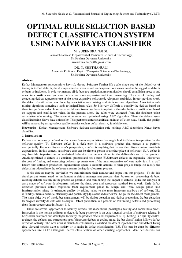 (PDF) Optimal Rule Selection Based Defect Classification System Using Naïve Bayes Classifier