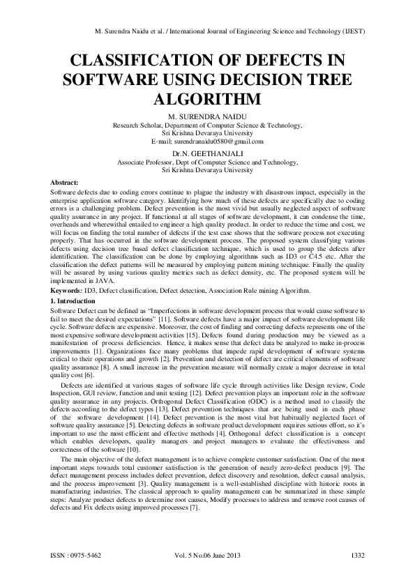 Pdf Classification Of Defects In Software Using Decision Tree Algorithm 