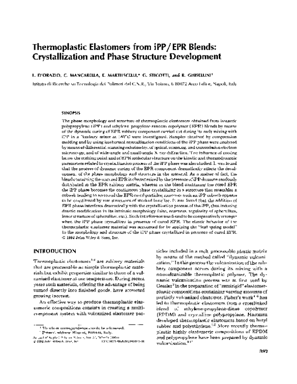 (PDF) Thermoplastic elastomers from iPP/EPR blends: Crystallization and ...