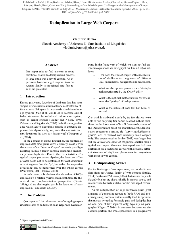 (PDF) Deduplication in large web corpora | Vladimír Benko - Academia.edu