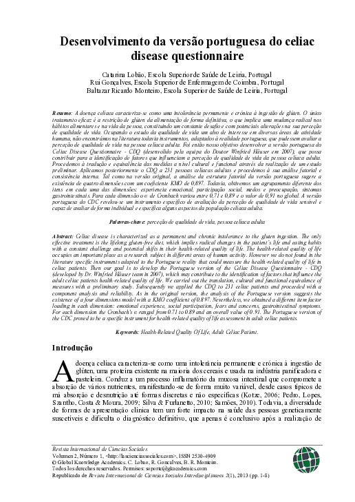 (PDF) Desenvolvimento da versão portuguesa do celiac disease questionnaire
