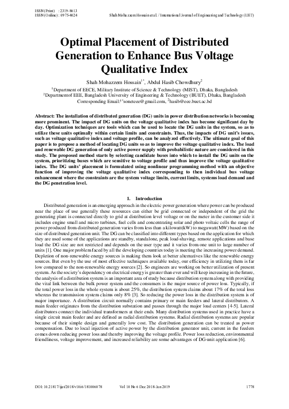 (PDF) Optimal Placement of Distributed Generation to Enhance BusVoltage Qualitative Index