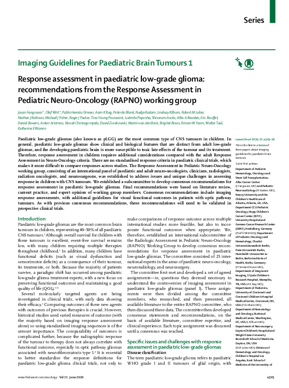 (PDF) Response assessment in paediatric low-grade glioma: recommendations from the Response ...