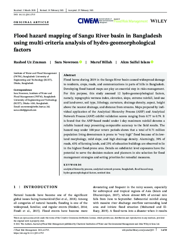 (PDF) Flood hazard mapping of Sangu River basin in Bangladesh using multi‐criteria analysis of ...