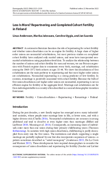 (PDF) Less Is More? Repartnering and Completed Cohort Fertility in Finland