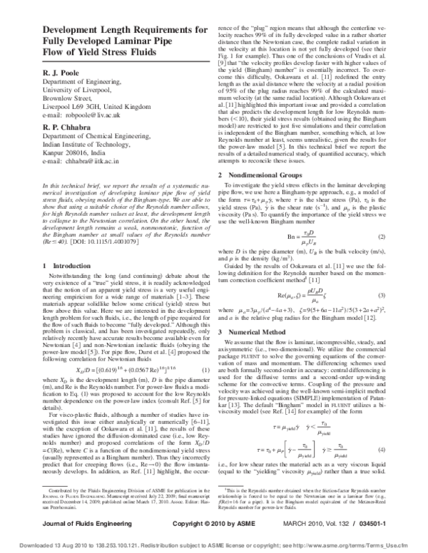 (PDF) Development Length Requirements for Fully Developed Laminar Pipe Flow of Yield Stress Fluids