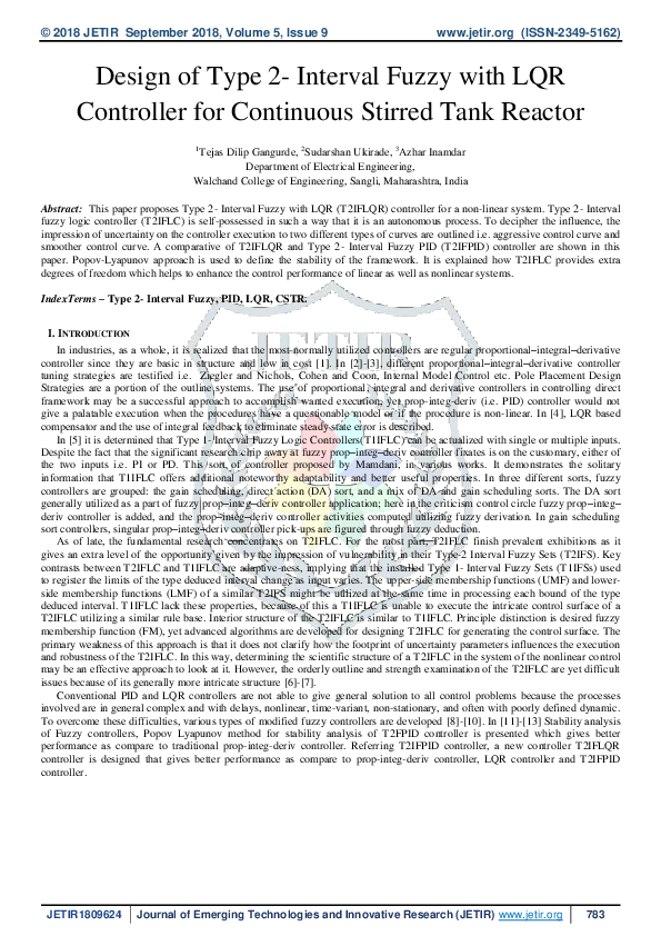 (PDF) Design of Type 2- Interval Fuzzy with LQR Controller for Continuous Stirred Tank Reactor