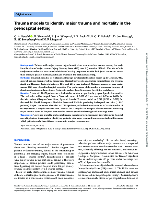 (PDF) Trauma models to identify major trauma and mortality in the ...