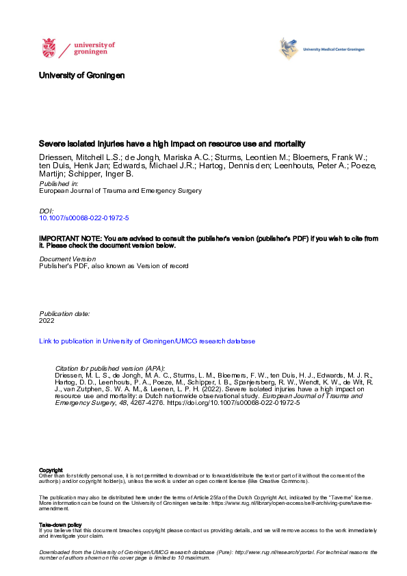 (PDF) Severe isolated injuries have a high impact on resource use and ...