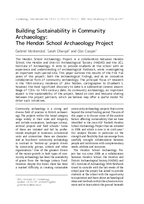 (PDF) Building Sustainability in Community Archaeology: the Hendon ...