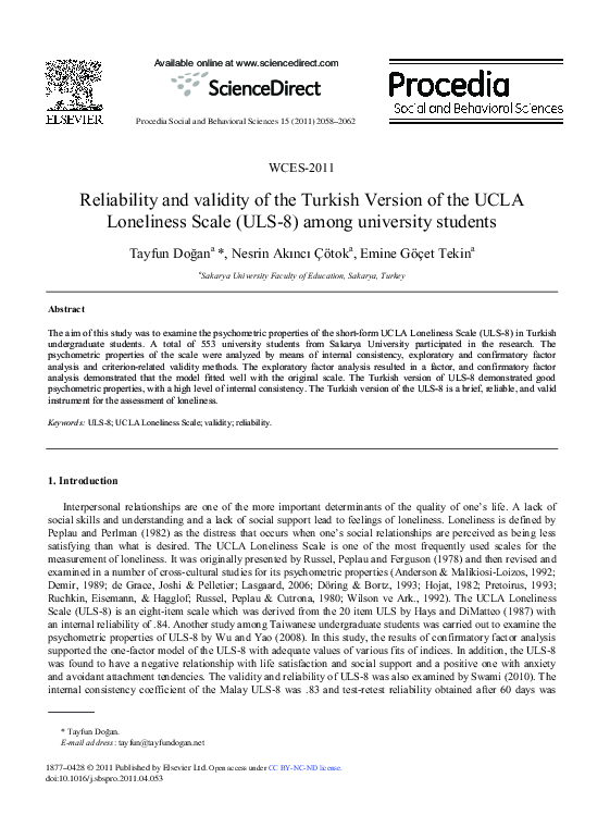 (PDF) Reliability and validity of the Turkish Version of the UCLA Loneliness Scale (ULS-8) among ...