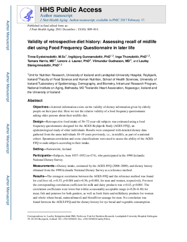 (PDF) Validity of retrospective diet history: Assessing recall of ...