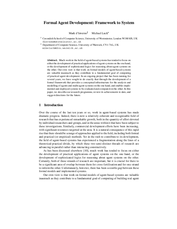 (PDF) Formal Agent Development: Framework to System