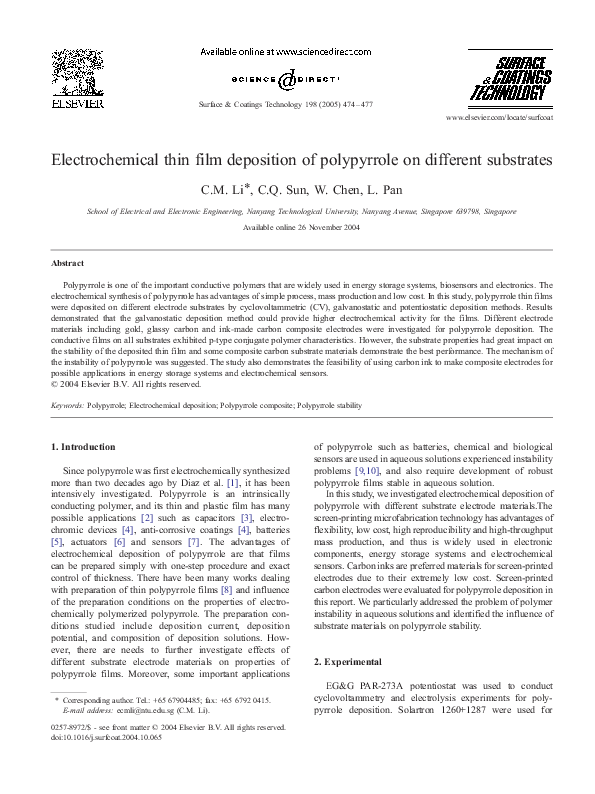 (PDF) Electrochemical thin film deposition of polypyrrole on different ...