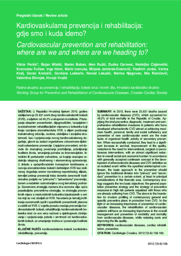 (PDF) Kardiovaskularna prevencija i rehabilitacija: gdje smo i kuda idemo? Cardiovascular ...