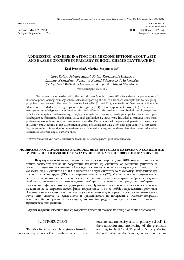 (PDF) Addressing and eliminating the misconceptions about acid and bases concepts in primary ...