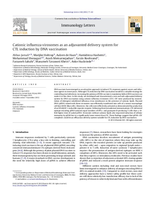 (PDF) Cationic influenza virosomes as an adjuvanted delivery system for ...