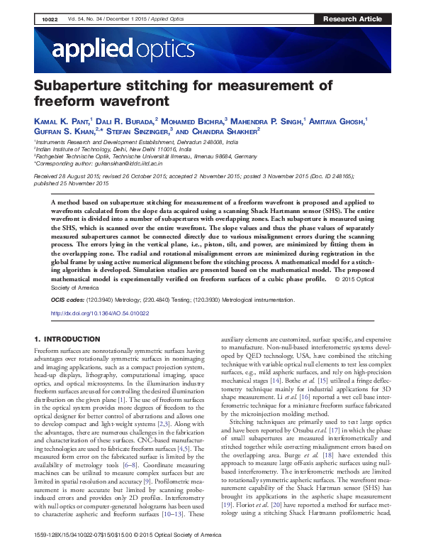 (PDF) Subaperture stitching for measurement of freeform wavefront