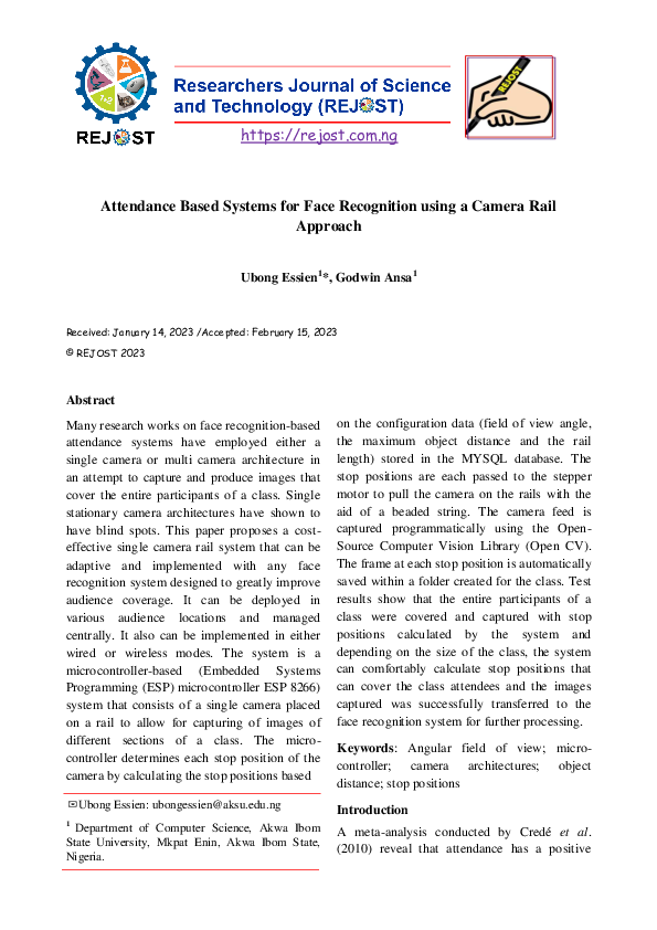 (PDF) Attendance Based Systems for Face Recognition using a Camera Rail Approach | Ubong Essien ...