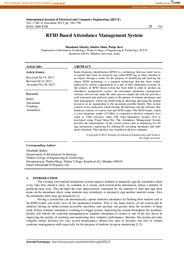 (PDF) RFID based Attendance Management System