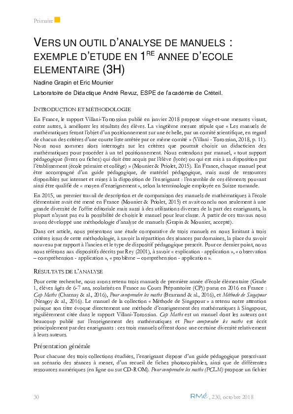 (PDF) Vers un outil d’analyse de manuels : exemple d’étude en 1ère année d’école élémentaire (3H)