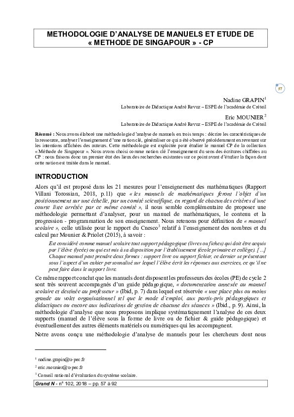 (PDF) Méthodologie d’analyse de manuels et étude de « Méthode de Singapour » - CP