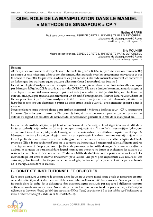 (PDF) Quel rôle de la manipulation dans le manuel "Méthode de Singapour CP"