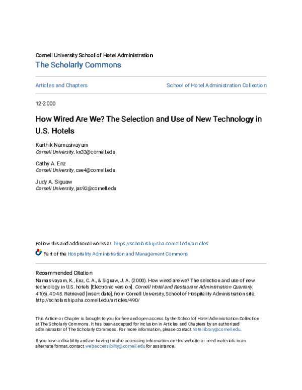 (PDF) The selection and use of new technology in U.S. hotels