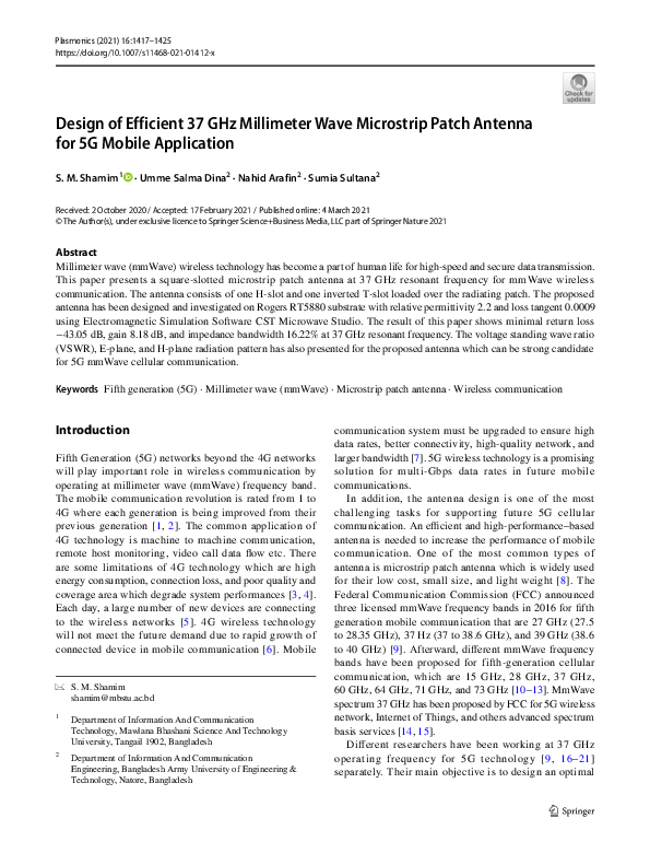 (PDF) Design of Efficient 37 GHz Millimeter Wave Microstrip Patch Antenna for 5G Mobile ...