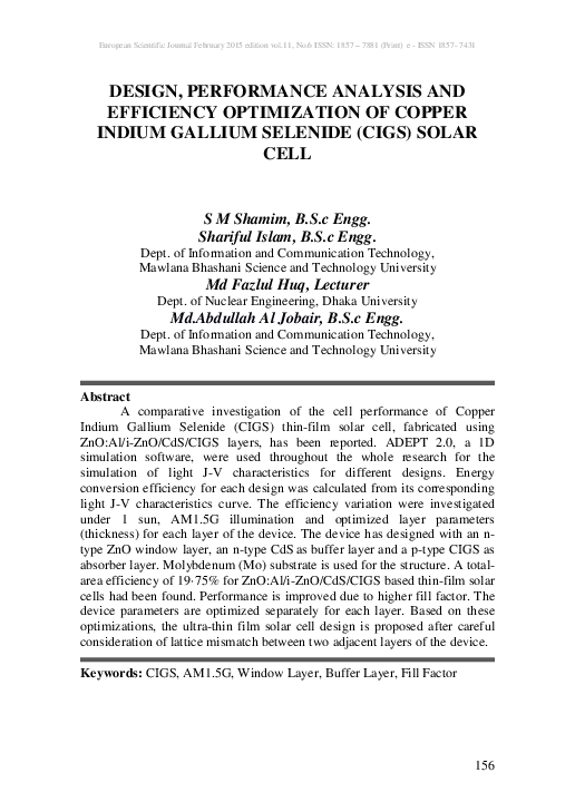 (PDF) Design, Performance Analysis and Efficiency Optimization of Copper Indium Gallium Selenide ...