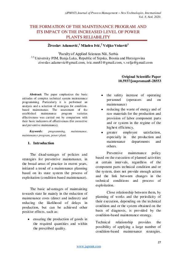 (PDF) Impact of Maintenance Programs on Power Plants Reliability