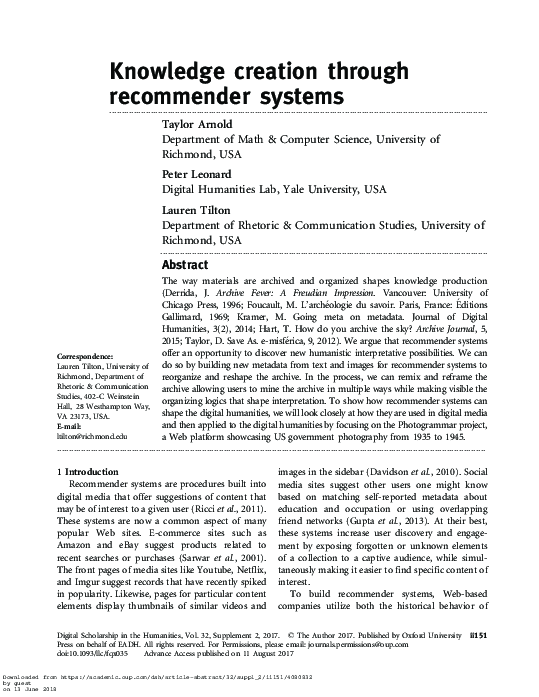 (PDF) Knowledge creation through recommender systems