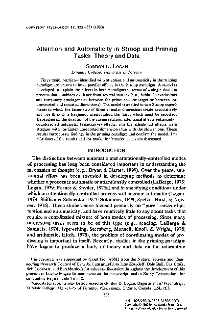 (PDF) Attention and automaticity in Stroop and priming tasks: Theory and data