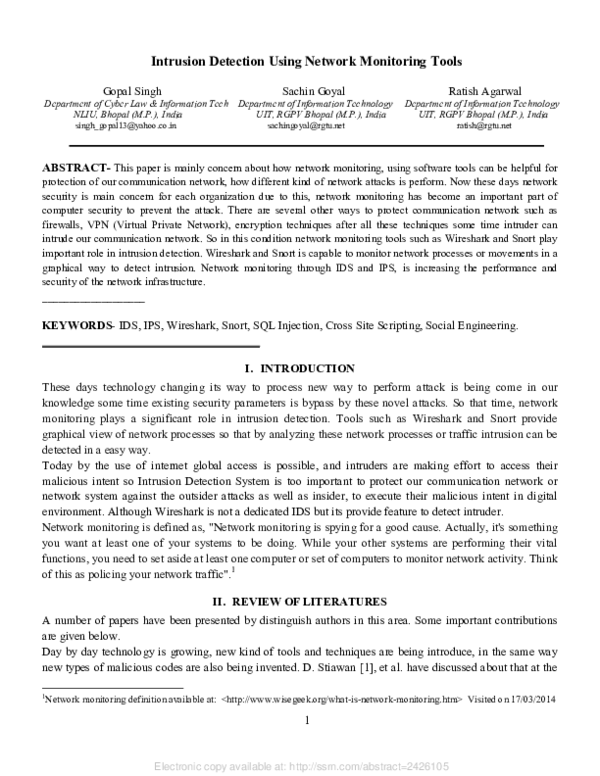 (PDF) Intrusion Detection Using Network Monitoring Tools